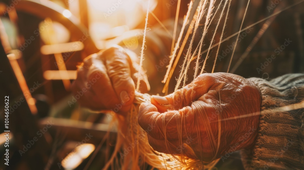 Sunlit hands intricately spin natural fibers, weaving together ...