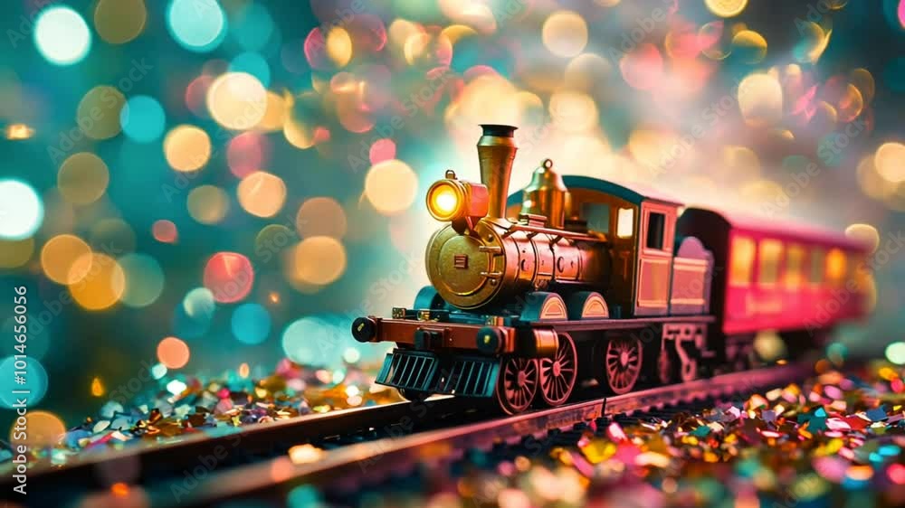 traditional Christmas wooden train on a bright red solid color ...