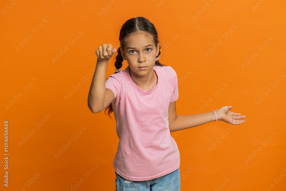 Knock-knock who is there. Confused excited young preteen child girl kid ...