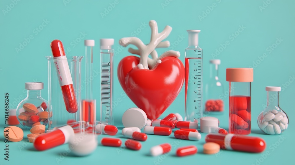 3D medical elements: pills, blood test tubes, and a heart with a pulse ...
