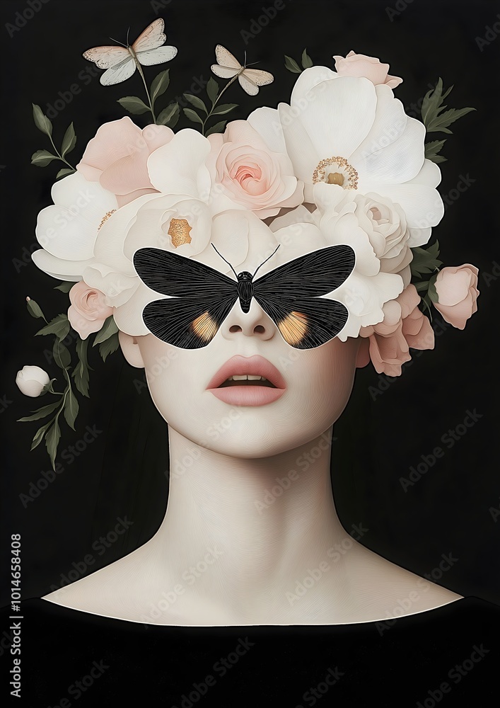 Woman with a moth and flowers on her head gothic pop surrealism, photo ...