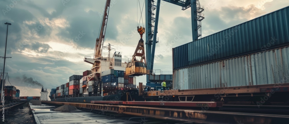 On a robust ship docked at port, cargo containers are lifted by towering cranes against a ...