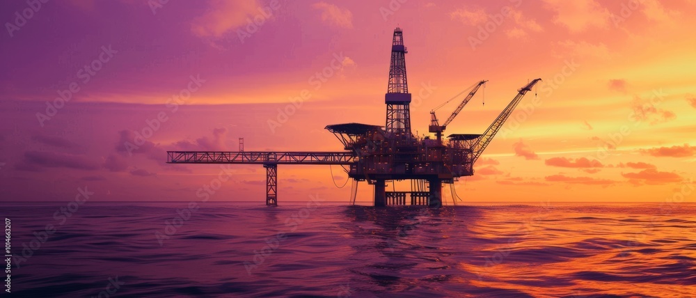 An oil rig stands poised against a fiery sunset, a testament to human ...