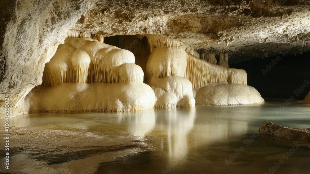 Smooth, flowing rock formations inside a cave, created by the slow ...