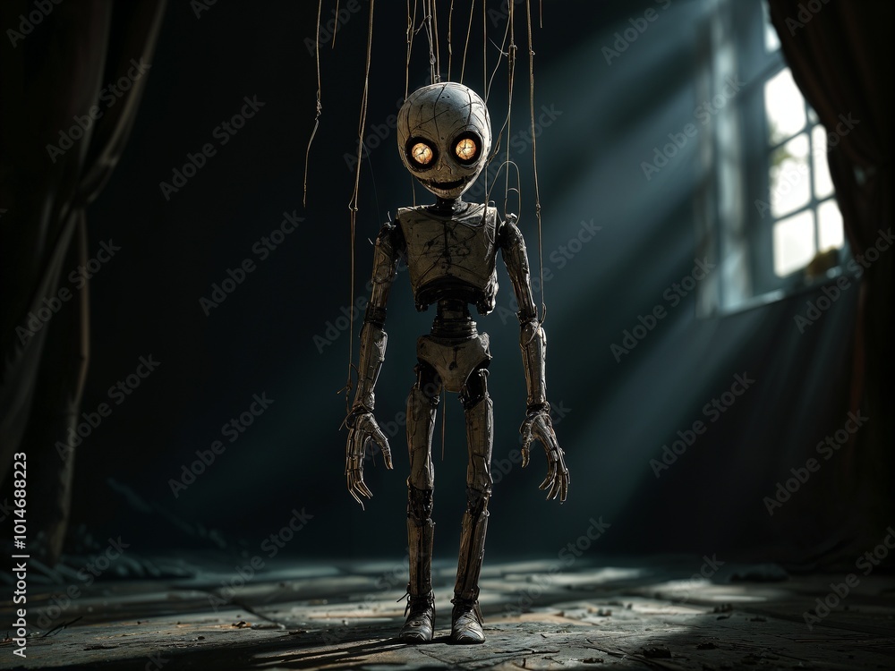 Creepy marionette puppet with glowing eyes hanging in a dark, eerie ...