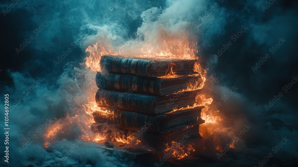 Poster, Foto A stack of burning old books with flames consuming the ...