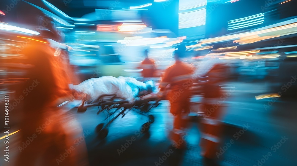 ฺBlurred fast move Emergency medical staff members quickly rushing to ...