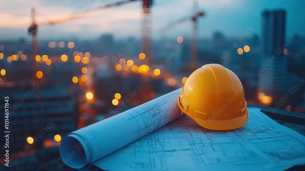 A construction site scene featuring a yellow safety helmet placed on ...