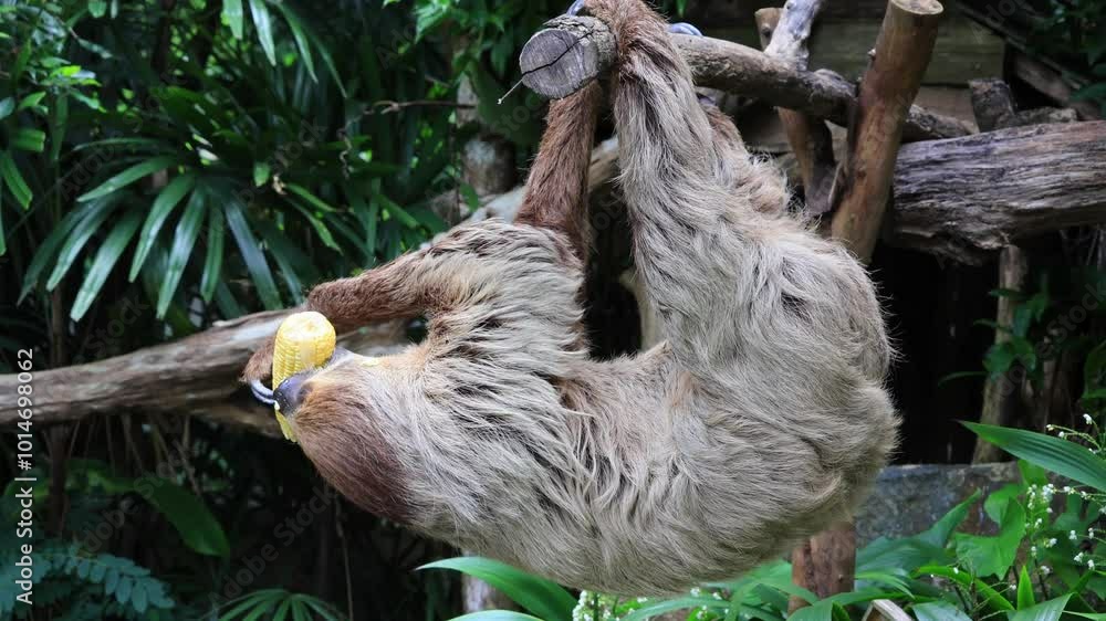 Footage of Two-toed sloth hanging upside down from the tree branch ...