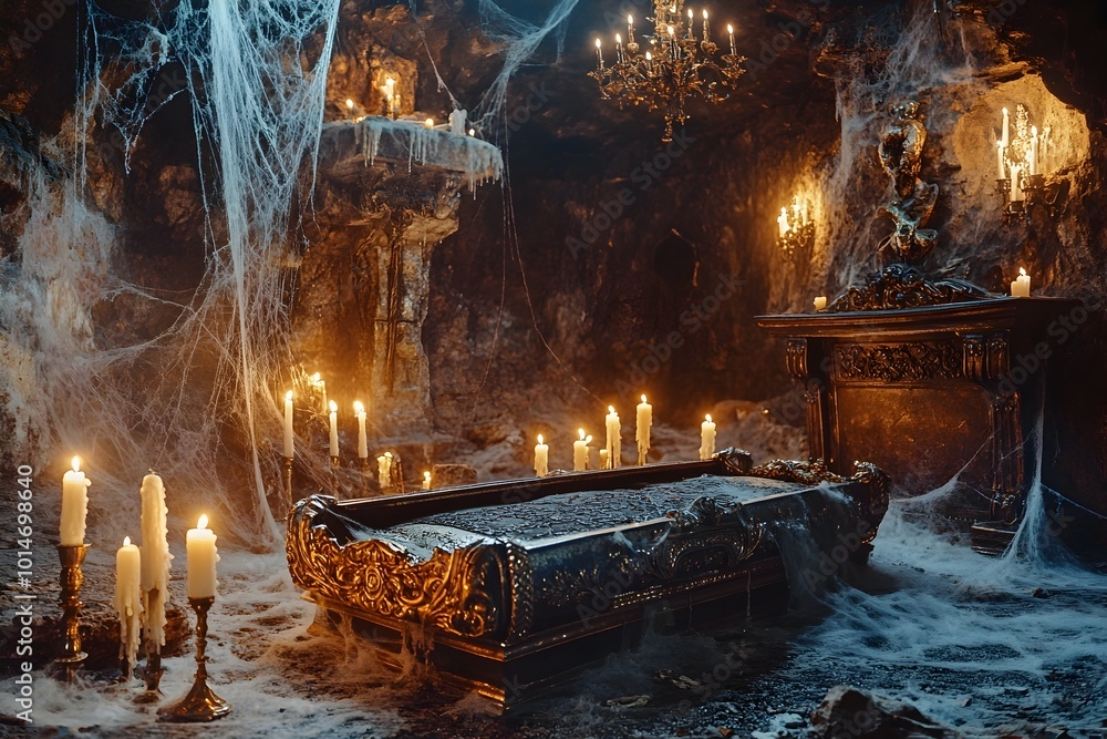 Ornate Vampire Lair with Candle lit Coffin in Gothic Crypt A moody ...