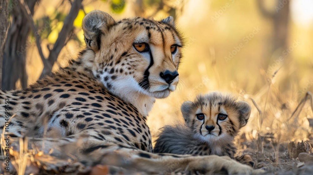 A cheetah mother and her cub rest in the African savanna, basking in ...