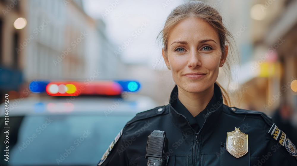 A confident police officer stands in front of patrol car, showcasing ...