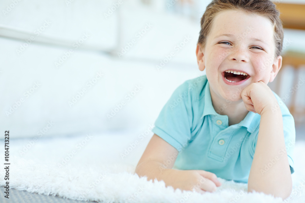 Boy, happy child and laughter in home portrait, morning confidence and ...