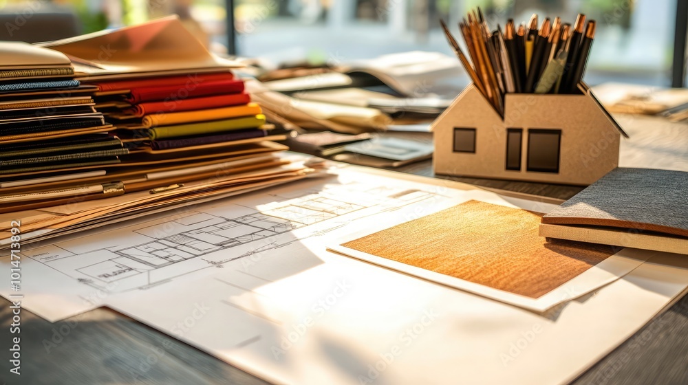 Color samples, fabric swatches, and blueprints on a table in an ...