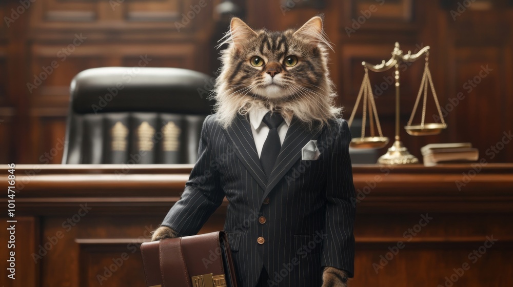 A cat wearing a black suit and tie stands in a courtroom setting. A ...