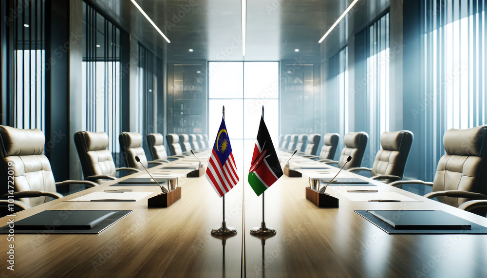 A modern conference room with Malaysia and Kenya flags on a long table ...