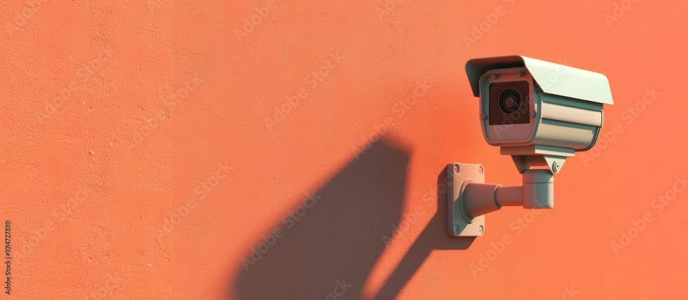 Security mounted on an orange colored wall providing surveillance and ...