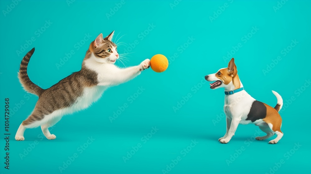 an energetic tabby cat playfully swatting at a ball playing with a dog ...
