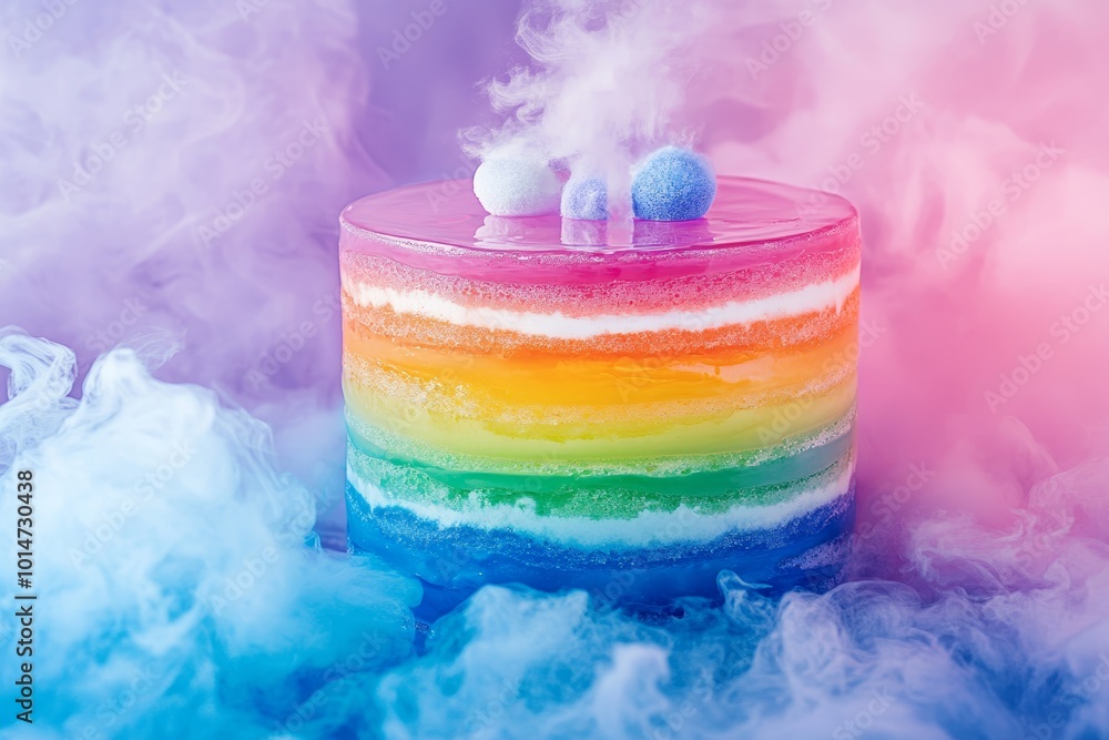Rainbow-colored layered jello cake with vibrant shades and a playful ...