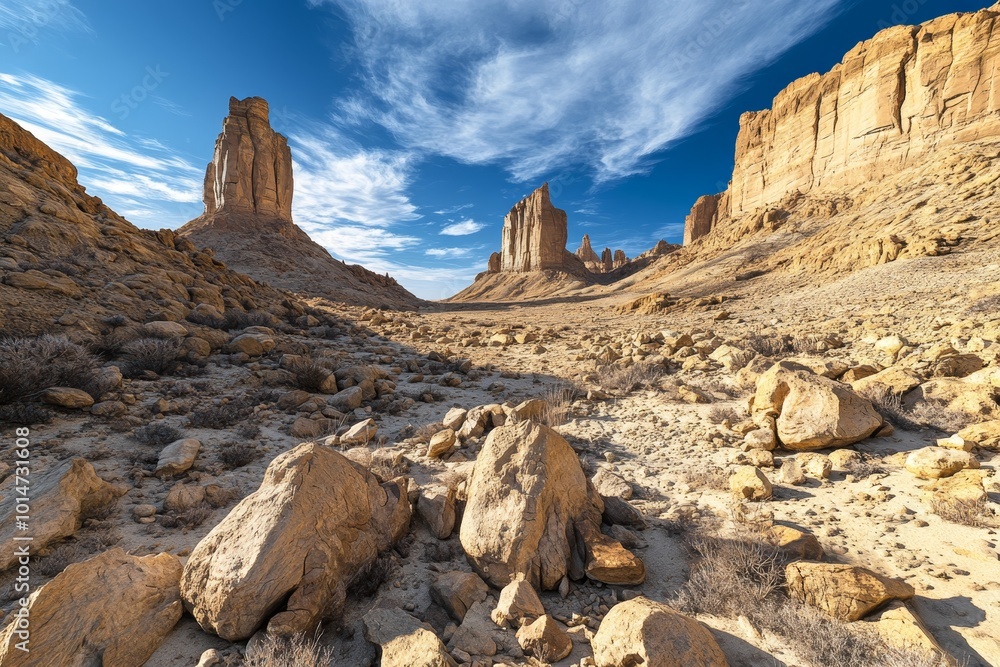 Overhead view of a rocky desert landscape with towering buttes and a ...