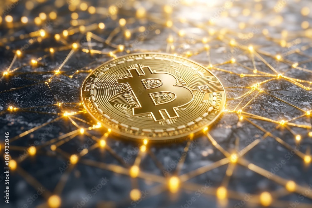 Bitcoin coin floating in a virtual space surrounded by a web of ...