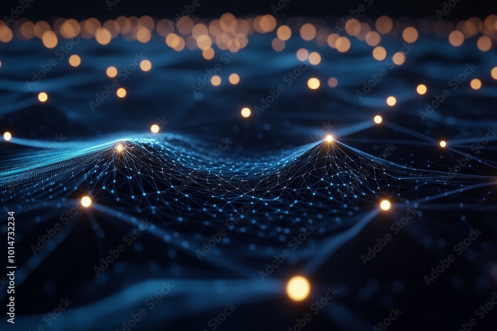 Data network visualized as a glowing matrix connected by digital nodes ...