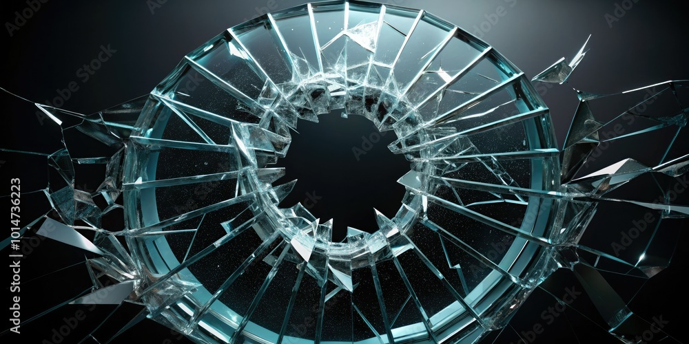 A captivating circular design of shattered glass edges against a black ...