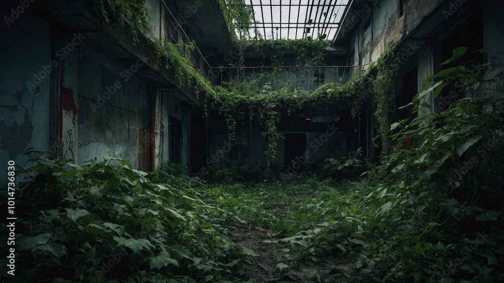 Overgrown plants dominate interior of abandoned building, creating ...