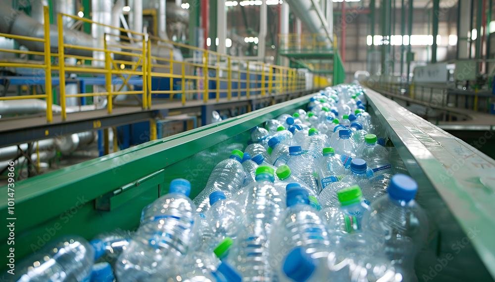 Conveyor belt filled with pet plastic bottles in a recycling facility ...
