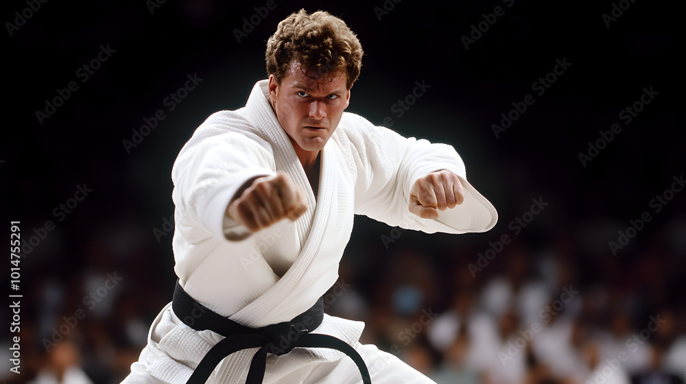 A judo athlete demonstrating their technique during a competition, with ...