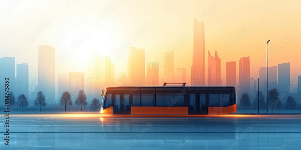 A modern bus stands against a vibrant urban skyline during sunrise ...