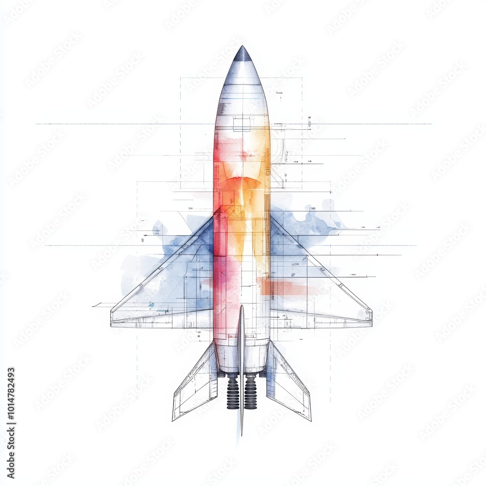 Let the AI Engine generate a side view blueprint of a rocket, a ...