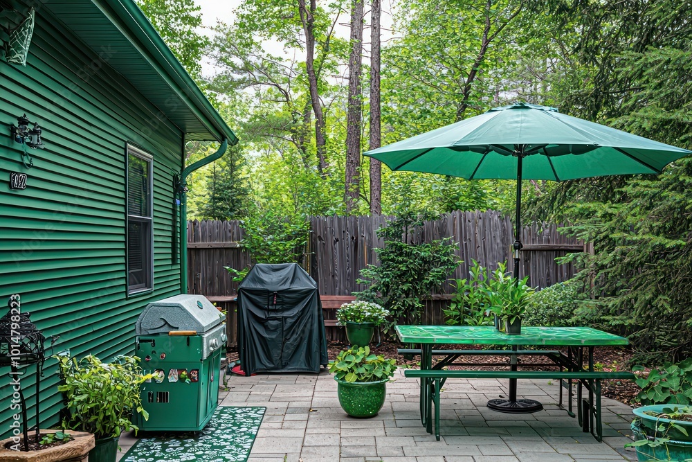 Emerald house with green vinyl siding, a gemstone patio with an emerald ...