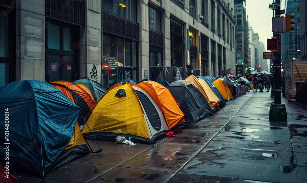 homeless tents line in bustling american city, highlighting ...