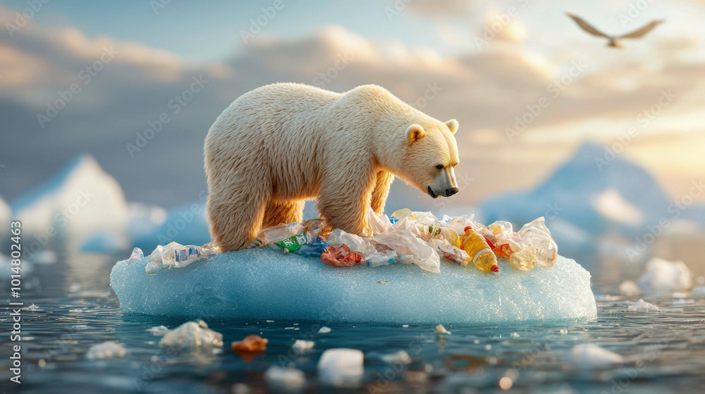 A polar bear stands on a melting iceberg, surrounded by floating ...