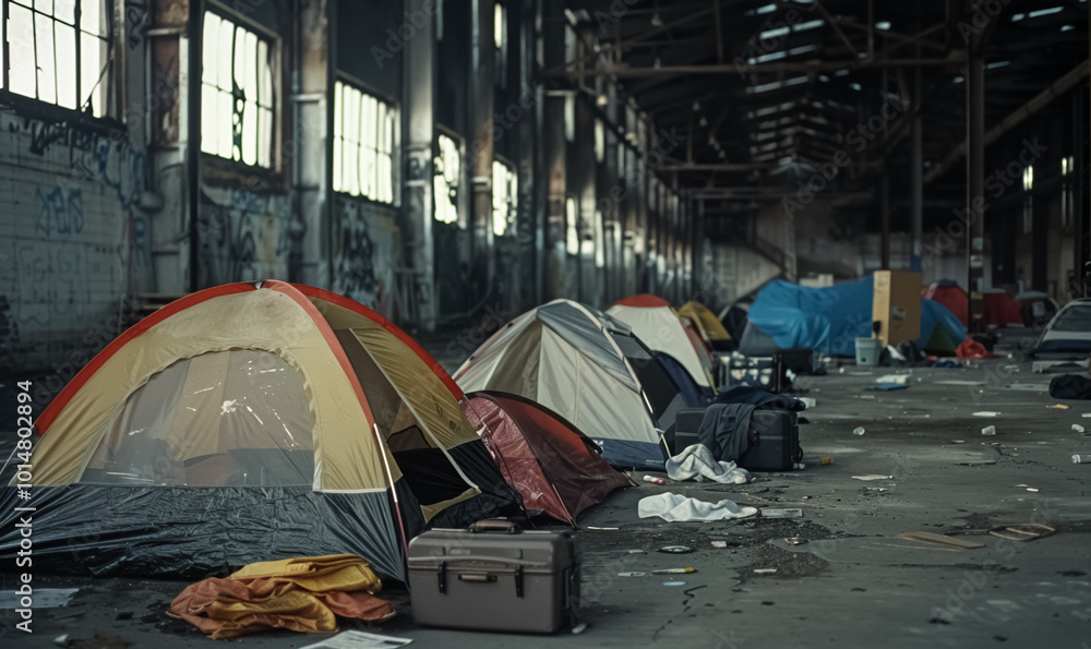 homeless tents line in bustling abandoned plant or factory ...