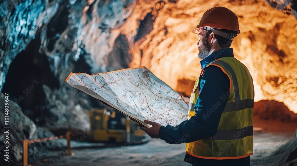 Engineer Reviewing Geological Maps in Mine Setting Stock Photo | Adobe ...