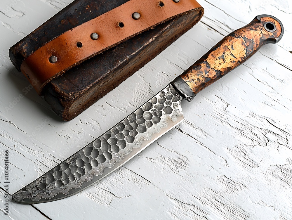 Damascus steel straight razor with a hollow grind blade placed next to ...