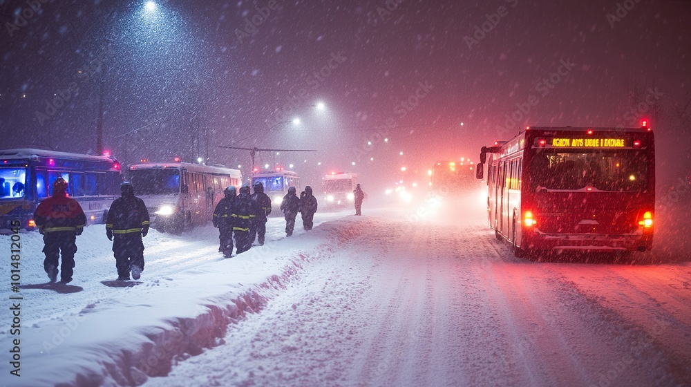 A snow disaster evacuation operation, with emergency crews guiding ...