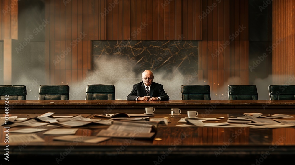 Man sitting alone at large empty conference table with sad expression ...