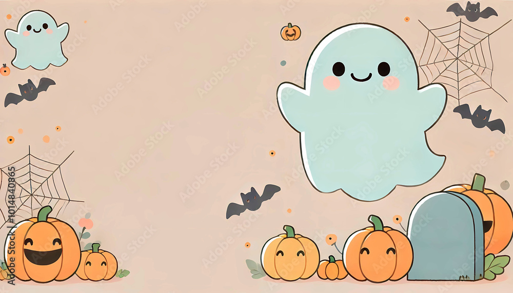 Friendly ghost in pastel theme background, ghost on left, copy space on right, subtle pastel ...