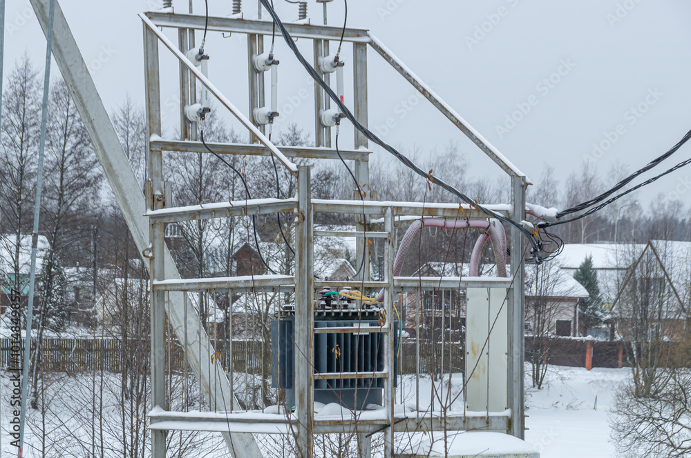 Steel structures with electrical equipment. An electric transformer on ...