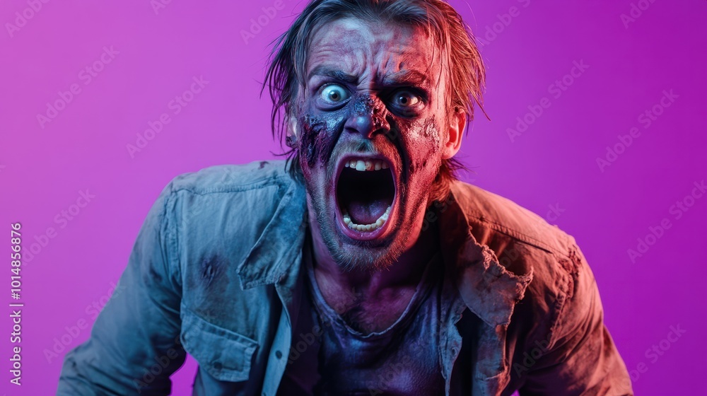 Shocked brown-eyed man screaming on purple background. Handsome male ...