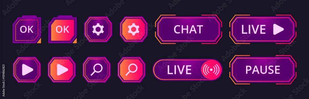 Gaming buttons and bars. Game streaming interface elements, futuristic ...