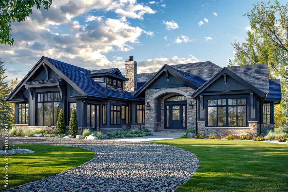 Home exterior rendering in muted indigo accents, with traditional ...