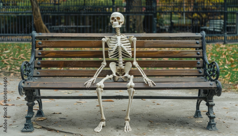 Waiting concept. Human skeleton on a park bench on a light gray ...