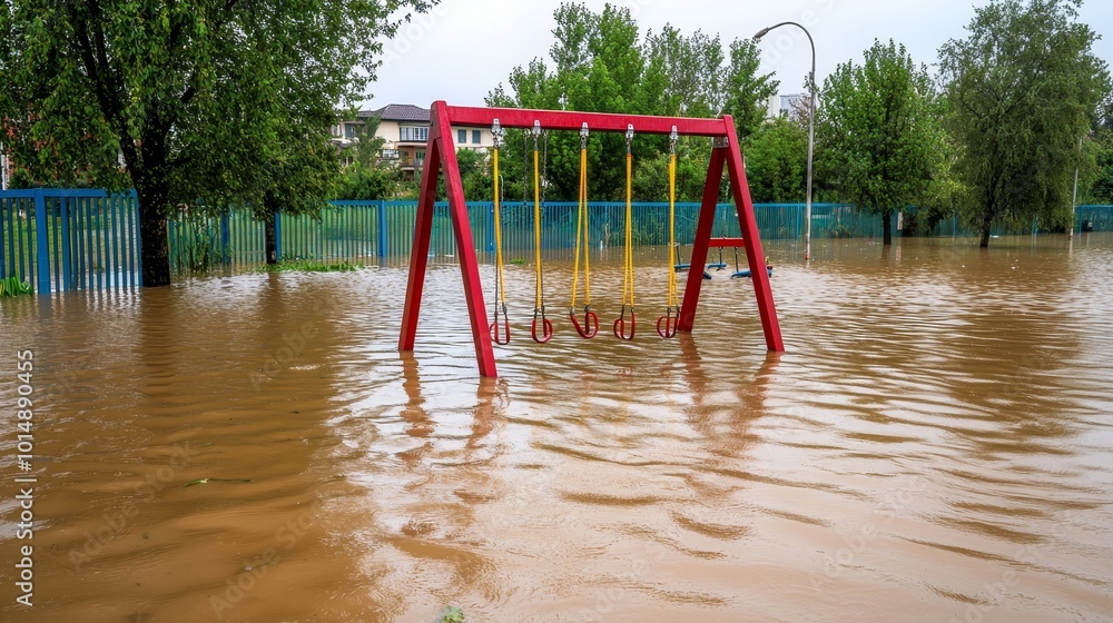 Flooded playground with a swing set submerged in muddy water and ...