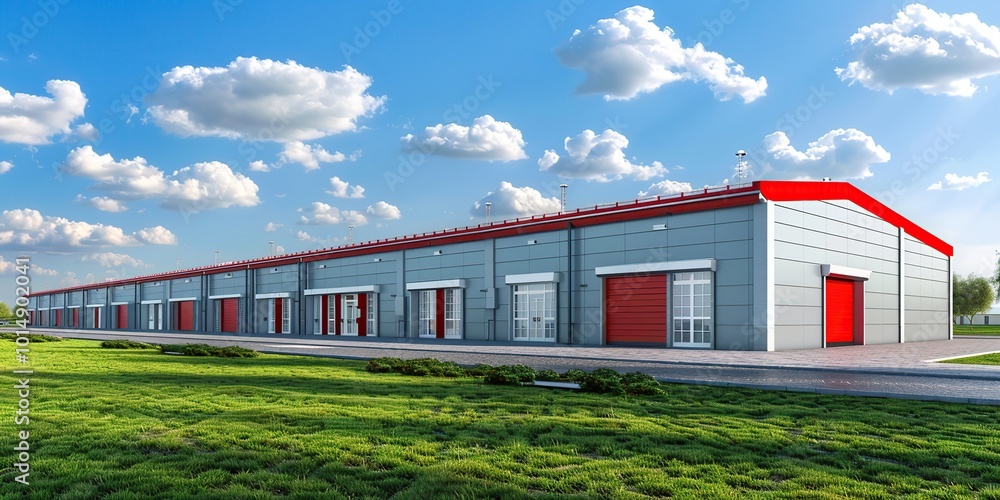 Modern warehouse facade on a sunny day, distribution center. Industrial ...