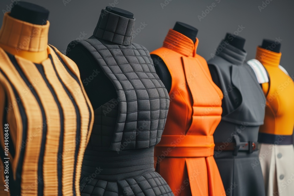 A lineup of mannequins displaying sculptural dresses in various bold ...