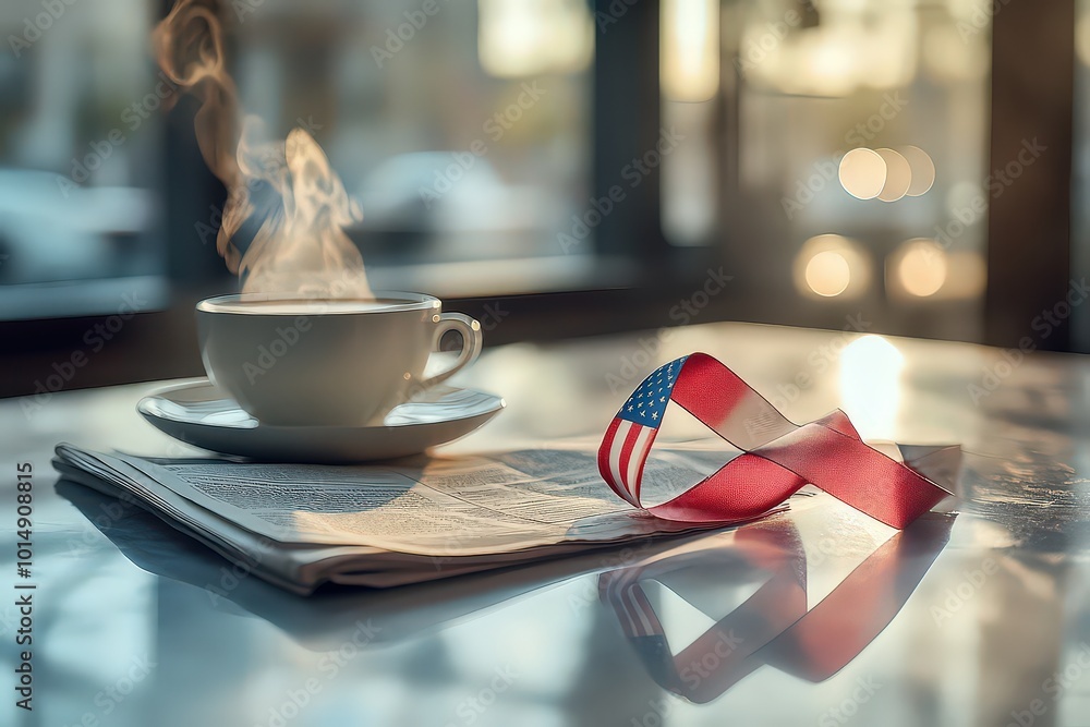 Steaming cup of coffee on a newspaper with an American flag ribbon ...